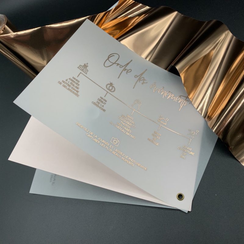 Faire-part de mariage 3 feuillets calque et papier rose poudré – dorure ...