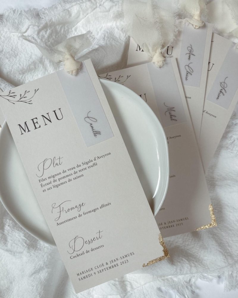 Menu de mariage dorure à la feuille d’or véritable – Marque place sur ...